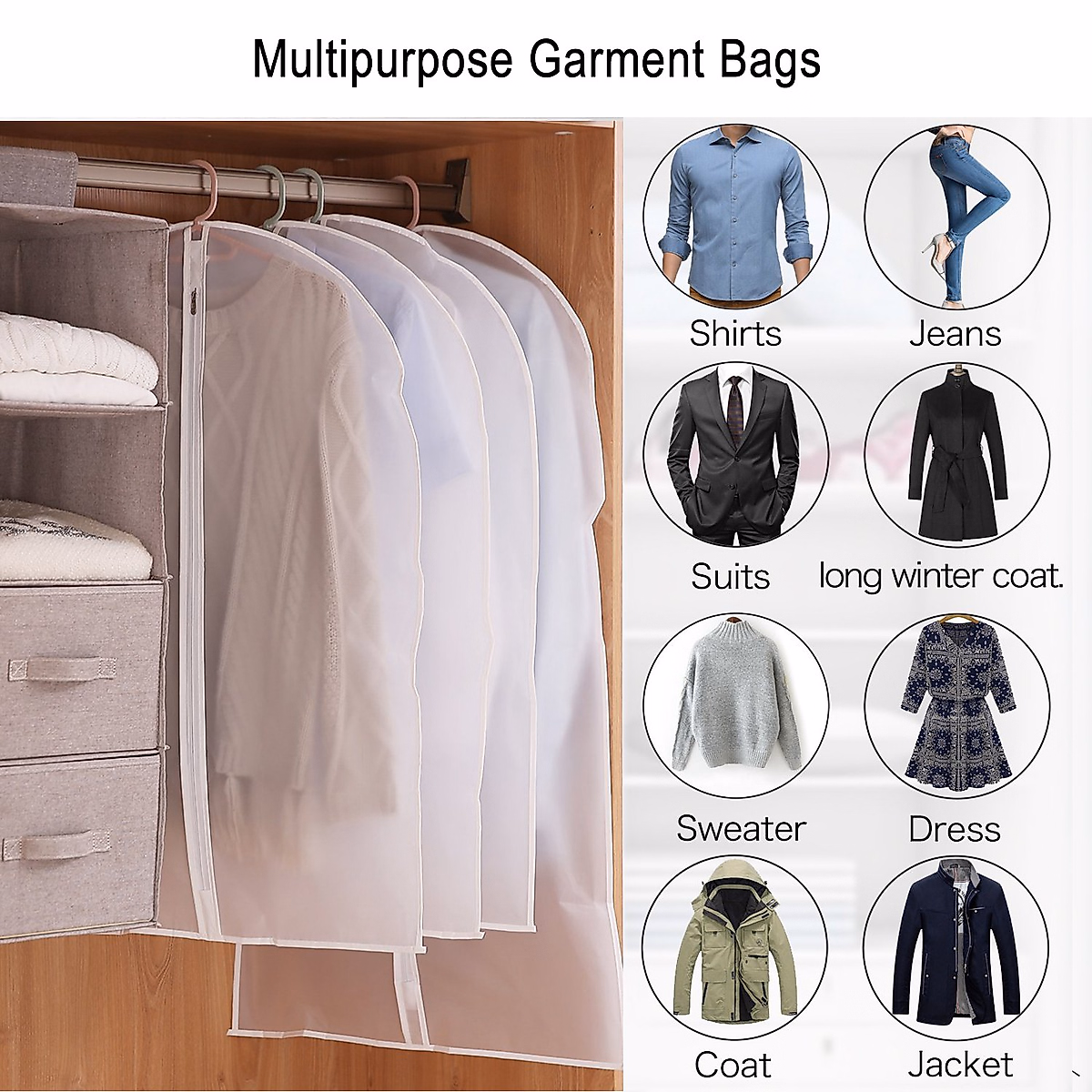 Thipoten Garment Bags, Set of 5 Lightweight 33 Inch Suit Bags with Full Stainless Steel Zipper, Garment Bags for Storage/Closet/Travel (Translucent, 24 x33 Inches)