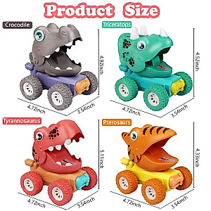 Obbay Dinosaur Toys for 2 Year Old Boy-Dinosaur Toy Cars for 5 Year Old Boys 4 Pack Set Car Toys for 3 Year Old Boys Christmas Birthday Gifts for Toddlers 2 3 4 5 Year Old Boys Girls