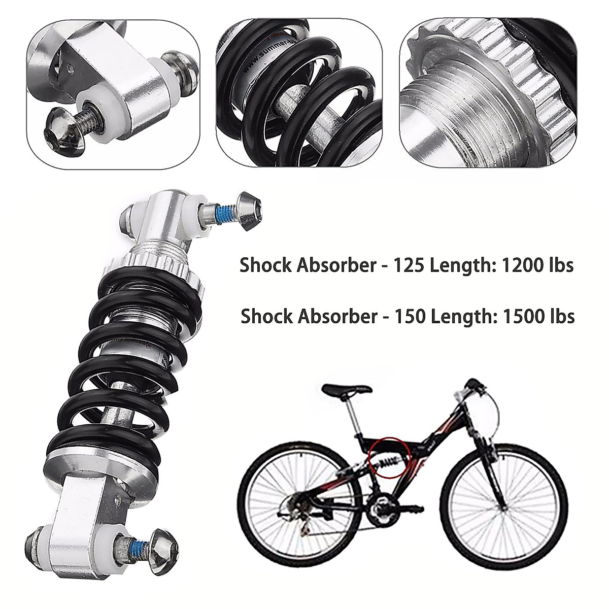 VLUOO Mountain Bike Rear Shocks Strong and Durable Bicycle Rear Suspension Shock, Rear Bike Shock Absorber with Two Screws for Outdoor Cycling, Shock Absorber 125mm
