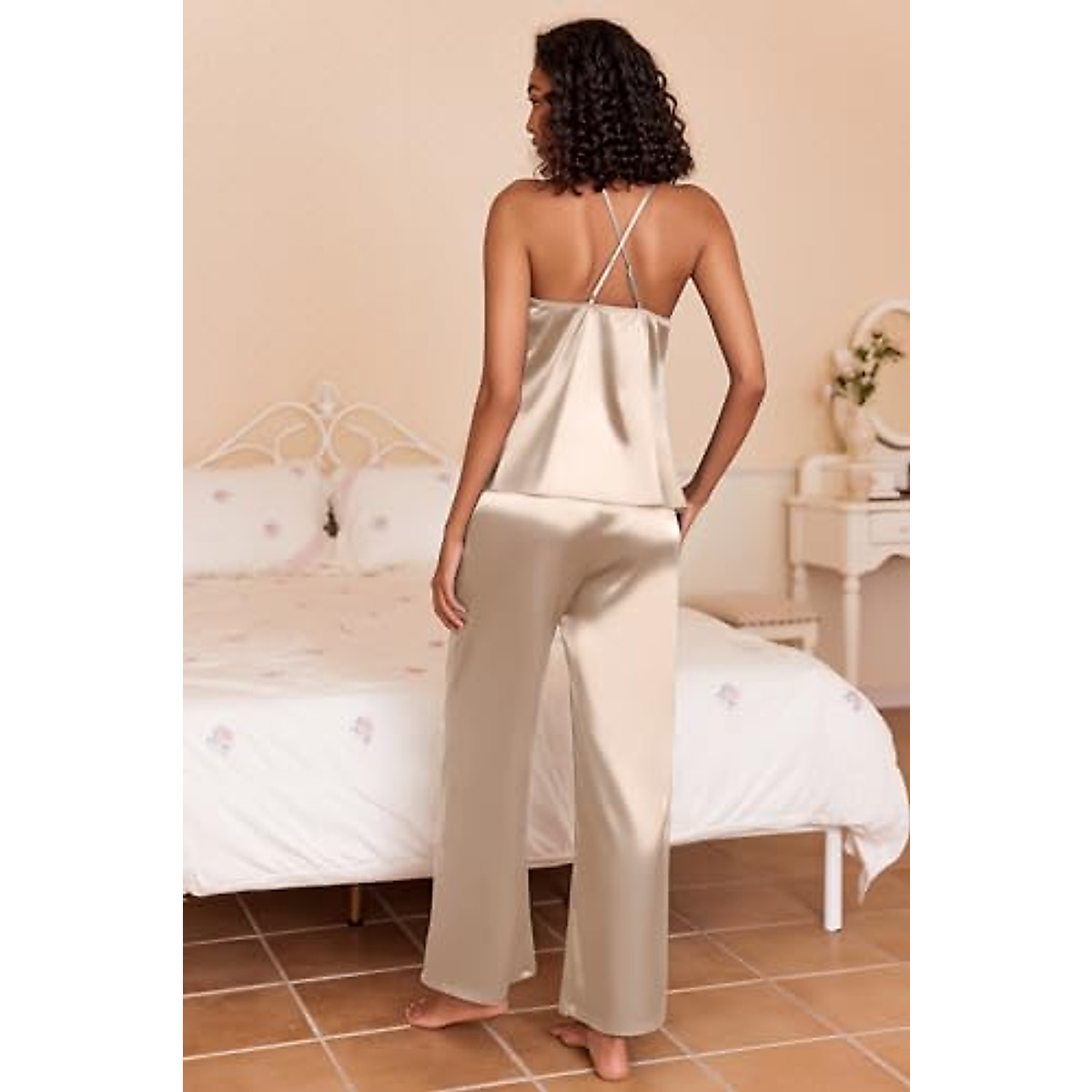 Ekouaer Pajamas for Women Silk Cowl Neck Cami Top Wide Leg Long Pants Set Satin Pjs Sleepwear 2 Piece Lounge Set Champagne,Large