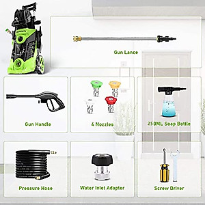 Homdox HX3000 Portable Pressure Washer with Hose Reel, 1800W/1.7 GPM Electric Power Washer, Small Pressure Washer with Detergent Bottle, 4 Nozzles for Outdoor Cleaning, Car/Garden/Patio Wash（Green）
