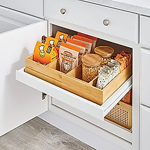 mDesign Bamboo Wood Expandable Deep Kitchen Drawer Organizer Tray Bin for Kitchen; Organize Drawers, Counters, Shelves; Holds Plasticware, Lids, Towels, Utensils; Home Sort Collection - Natural