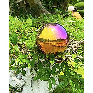 Missmore Gazing Globe Mirror Ball in Rainbow Stainless Steel, Mirror Polished Hollow Sphere Sparkling Outdoor Ornament (Globe-200mm-8in-1pc-Rainbow)