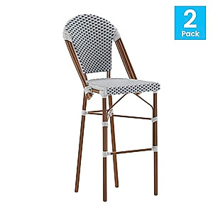 Flash Furniture Lourdes Commercial Grade Bistro Bar Height Stool, Stackable Indoor/Outdoor Dining Stool, 30" High, White/Navy and Bamboo Finish, Set of 2