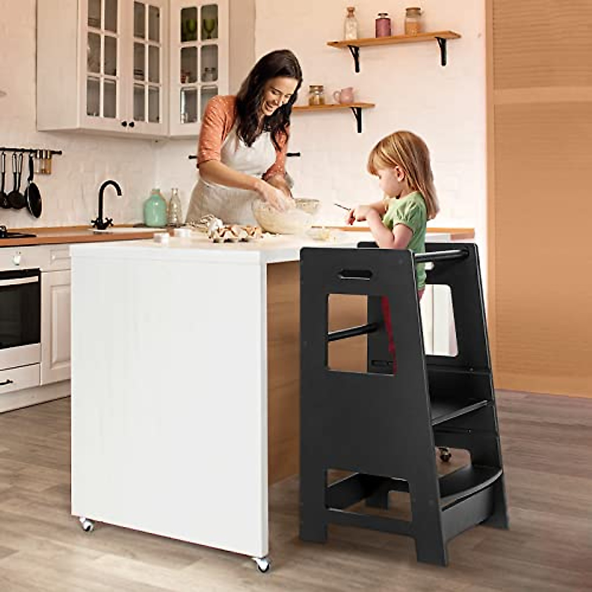 LUSIMO Toddler Step Stool Nursery Standing Tower Wooden Kids Step Stool with Safety Rail Height Adjustable Toddler Learning Tower with Anti-Slip Protection Support Up to 165lbs Black