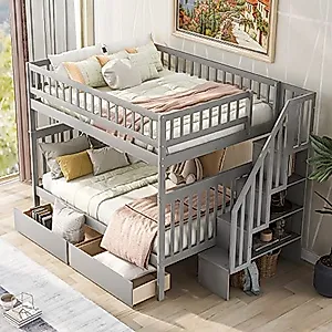 Merax Full Over Full Bunk Bed with Drawers, Storage Staircase, and Guard Rail, No Box Spring Needed, Gray