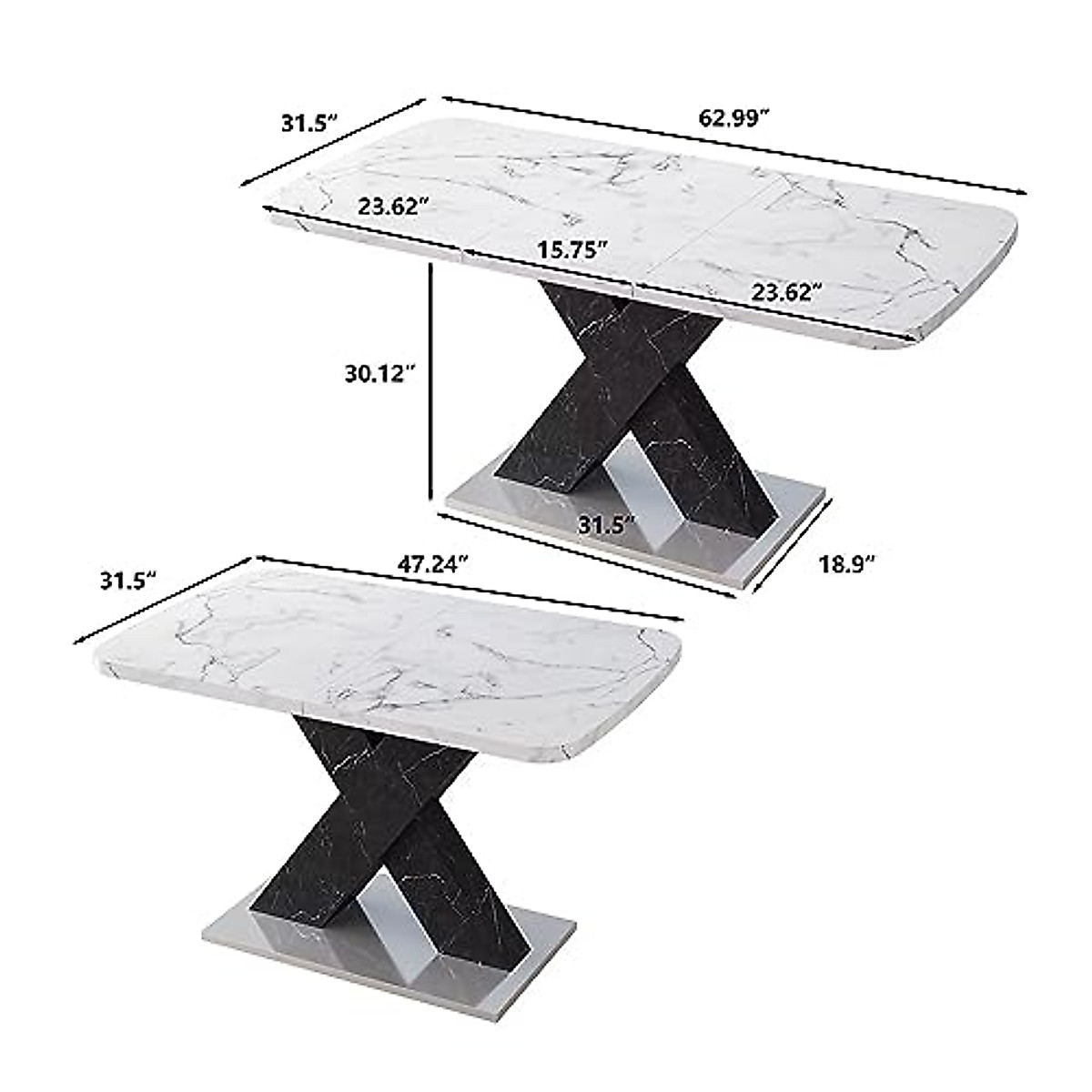 47.24''L-62.99''L Expandable Stretchable Kitchen Table, Modern Mid Century Extendable Dining Room Table, MDF White Marble Veining Top and Black Legs Dinner Table