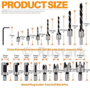 Rustark 26Pcs Woodworking Drill Bit Tool Set with High Speed Steel Three Pointed Countersink Drill Bits Wood Plug Cutter Automatic Center Hole Punch for Woodworking Drilling Countersinking