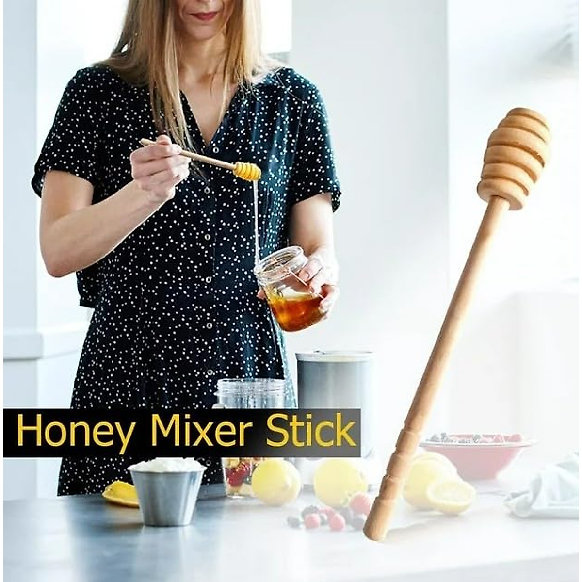 1PC Yellow Honey Dipper Sticks,Wood Honey Dipper Sticks Silicone Honey Sauce Stirrer Spoon Wooden Honey Mixing Stirrer for Kitchen Tool,Easy to Clean and Store,Kitchen and Dining