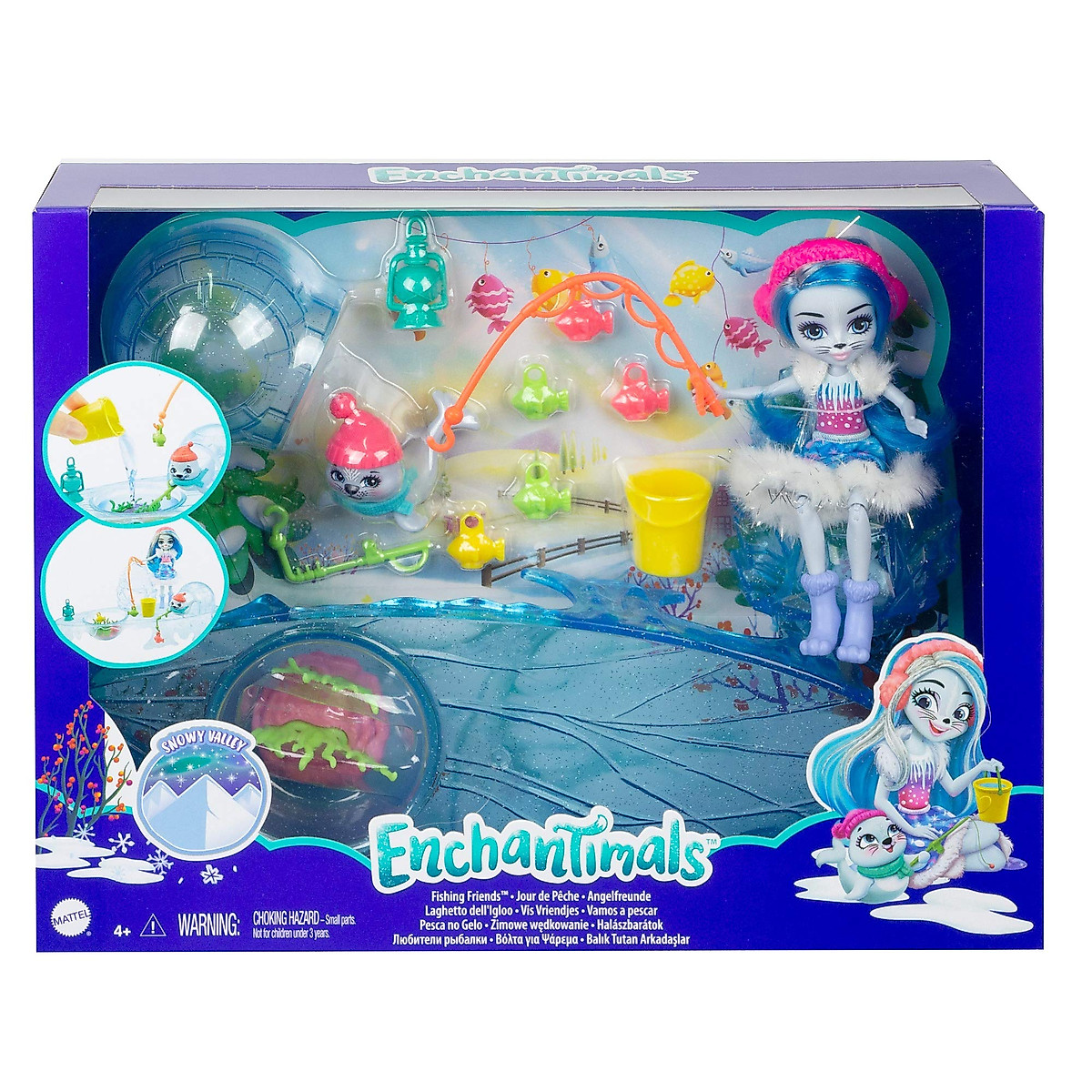 Mattel Enchantimals Fishing Friends Ice Fishing Playset with Sashay Seal Small Doll (6-in) & Blubber Animal Figure, Add Water and Use Poles to Catch Fish, Great Gift for 3-8 Year Olds