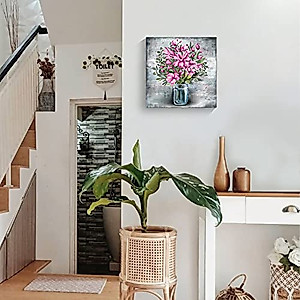 StrLon Bathroom Wall Decor Floral Canvas Wall Art Pink Flower in Blue Bottle Hand Painted Artwork for Kitchen Bedroom Office Ready to Hang Size 14"X14"