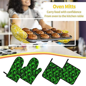 Oven Mitts and Pot Holders Sets Weed Leaf Print Oven Gloves Heat Resistant Potholders 4 Pcs Set Washable Non-Slip BBQ Gloves with Hanging Loop for Women Men Kitchen Baking Cooking Grilling