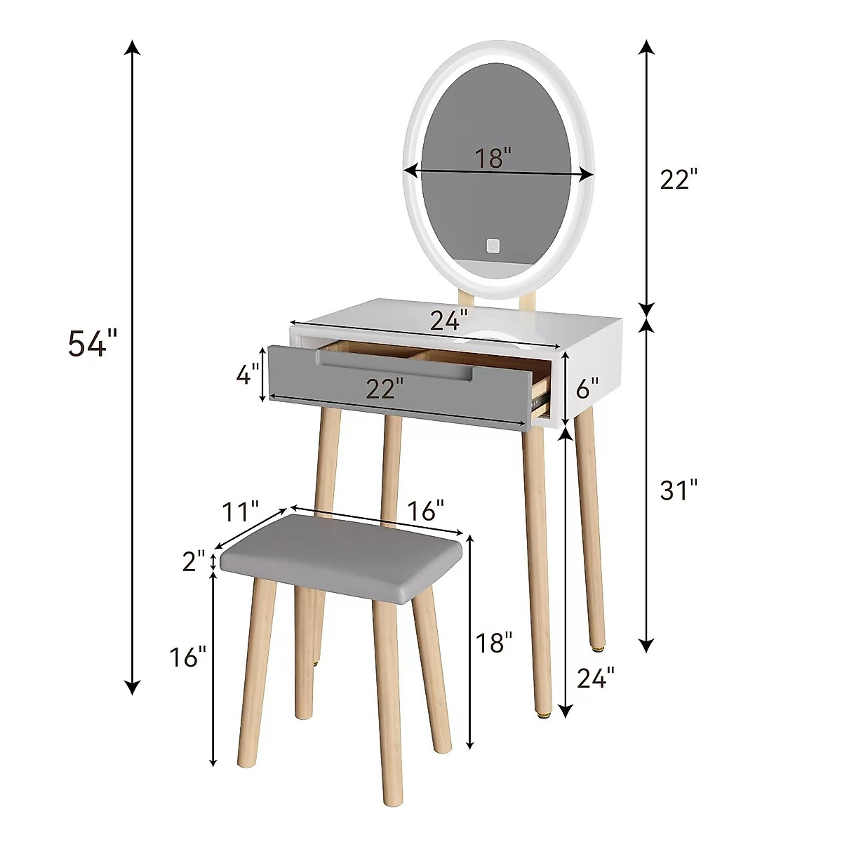 ARTETHYS Makeup Vanity Table Set with 3 Adjustable Lighted Mirror Small Vanity Desk with Drawer and Lights White Makeup Vanity Desk with Chair for Small Space Bedroom