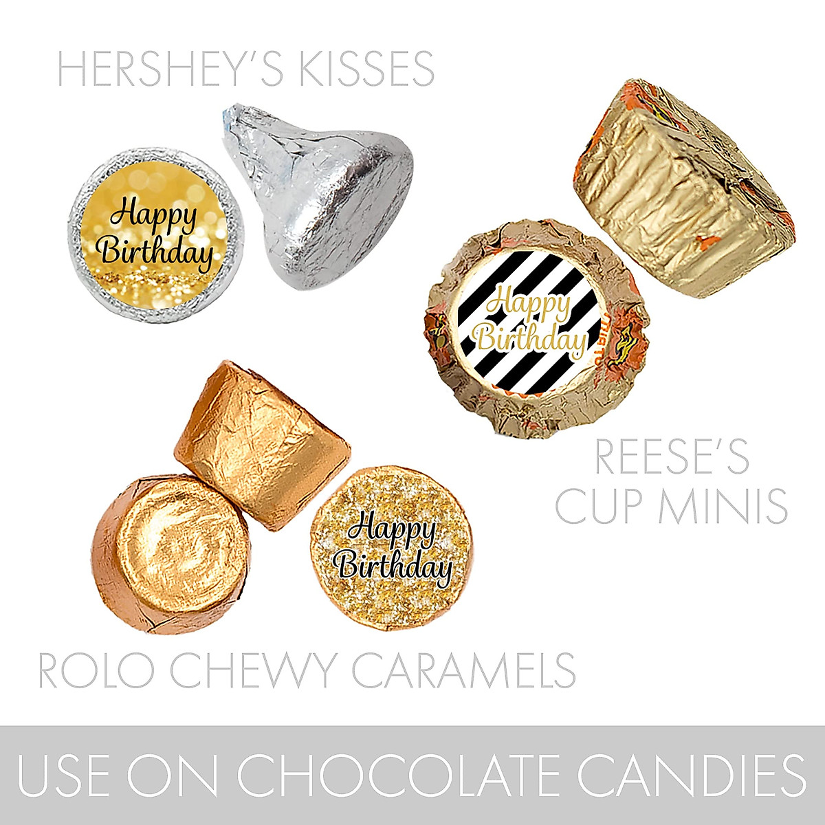Happy Birthday Party Favor Labels Chocolate Kisses Candy Stickers - Black and Gold - 0.75 in. Round - 180 Stickers
