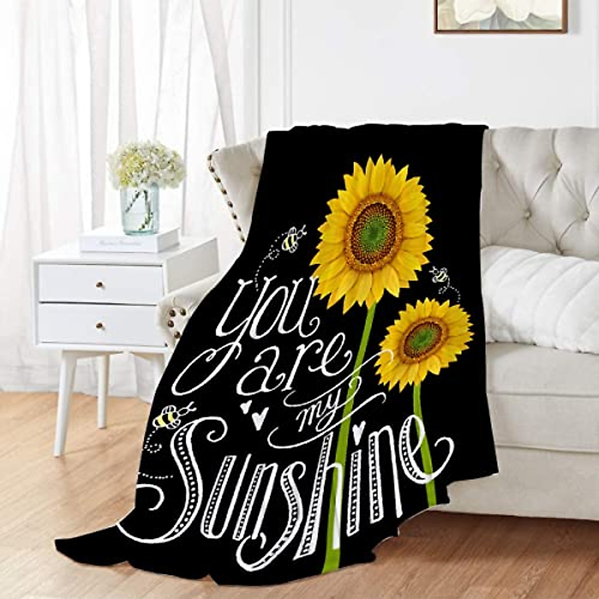 Sunflower You Are My Sunshine Blanket Lightweight Flannel Fleece Healing Inspirational Message Throw Blankets Cozy Plush Microfiber All-Season Blanket for Bed/Couch/Sofa -Twin 80x60 Inch L