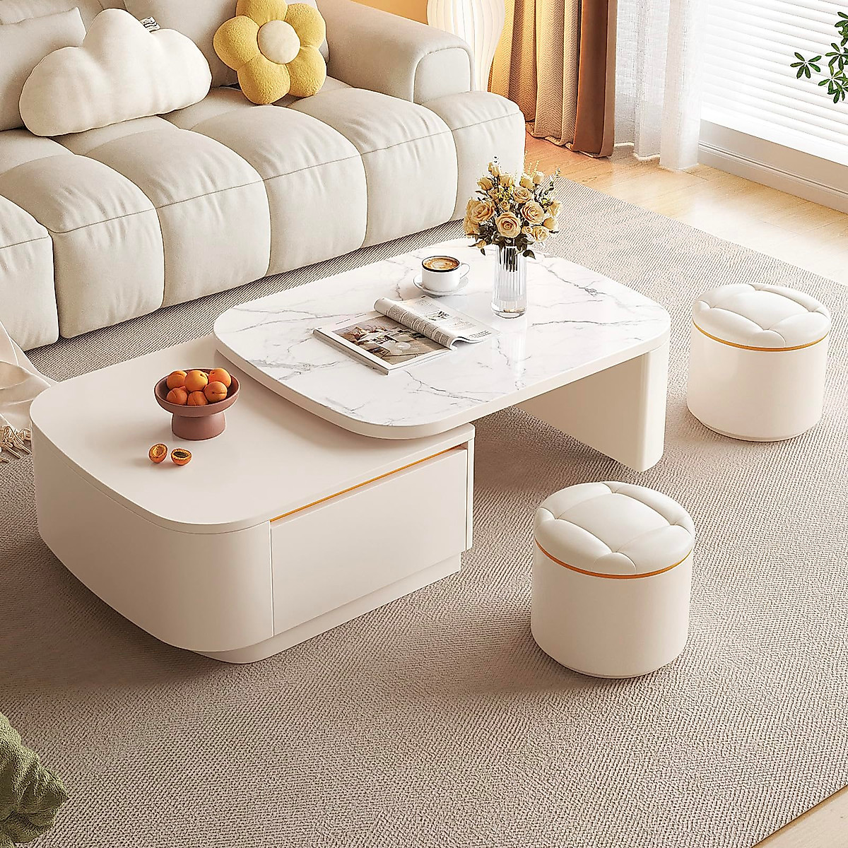 GraceNook Extended Oval Coffee Table with 2 Pu Leather Stools Set, Length Extend from 35"- 54", Nesting Coffee Table 3 Sets with Faux Marble Surface, Center Table with 2 Drawers for Living Room