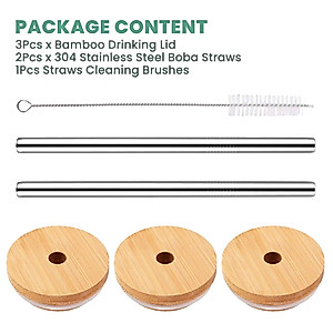 3 Pack Regular Mouth Bamboo Drinking Lid with Straw Hole and Straw Compatible with Mason Jar, Wood Drinking Lids for 70mm Regular Mouth Jar