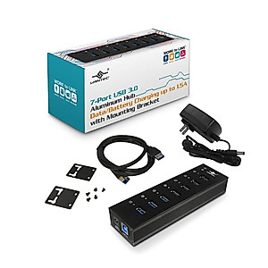 Vantec 7-Port USB 3.0 Hub, Aluminum, Full Powered, Mountable, with All Ports Data & Charging Up to 1.5A, BC 1.2, Premium 12V/3A, 36W Power Adapter (UGT-AH710U3-BK),Black