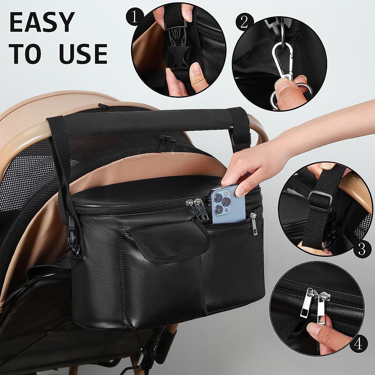 Universal Stroller Organizer with Insulated Cup Holder Detachable Phone Bag & Shoulder Strap, Fits for Stroller Like Uppababy, Baby Jogger, Britax, BOB, Umbrella and Pet Stroller (Black)