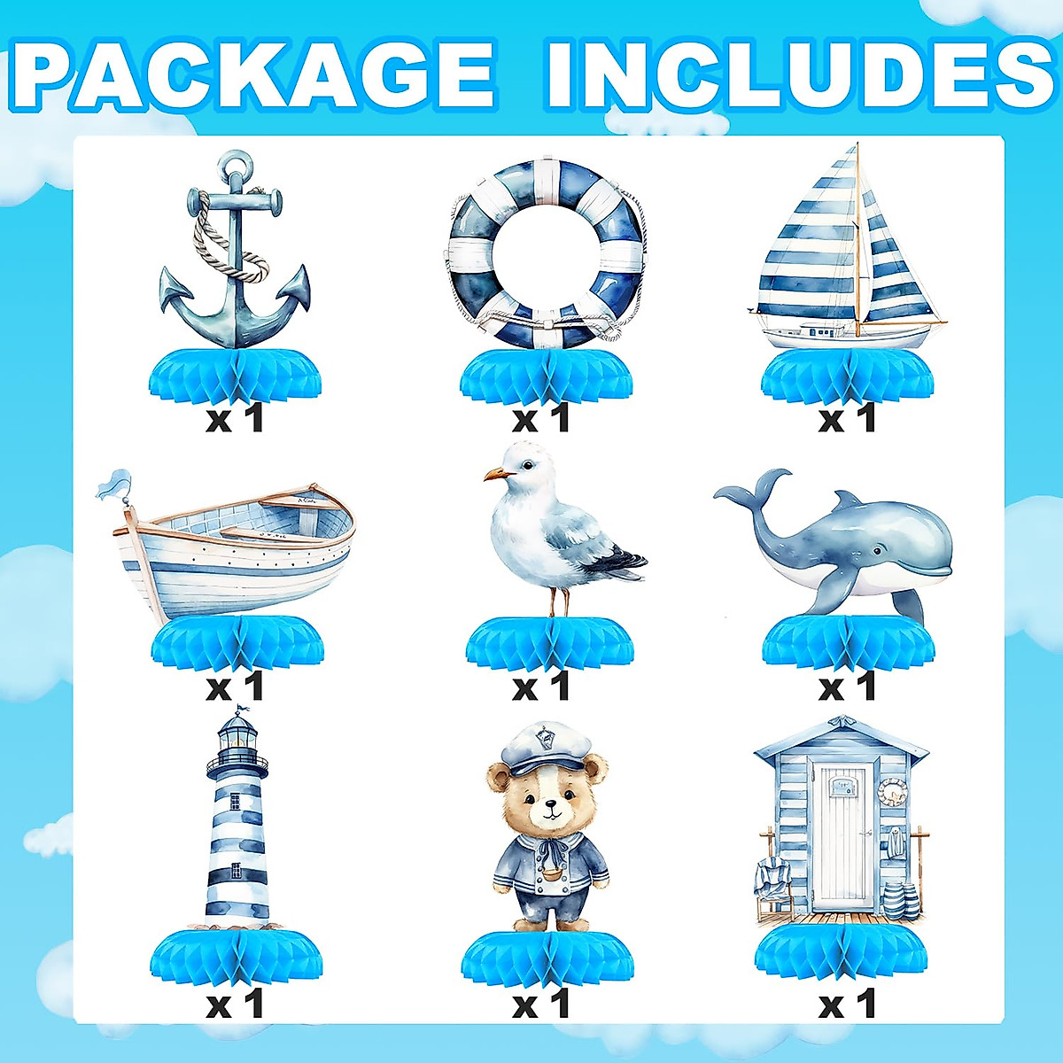 Celee 9 Pack Nautical Party Honeycomb Centerpieces for Kids' Nautical Birthday Decorations and Baby Shower Supplies - Cute Nautical Table Toppers for Nautical Theme Party