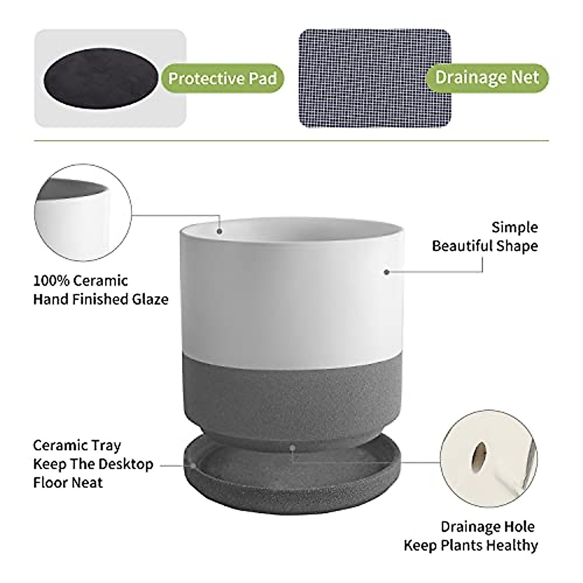 UMIAMOY 6inch Modern Cylinder Matte Ceramic Planter Pot with Drainage Hole and Saucer, Planter Pot for Indoor Outdoor Plants Flowers, White/Gray