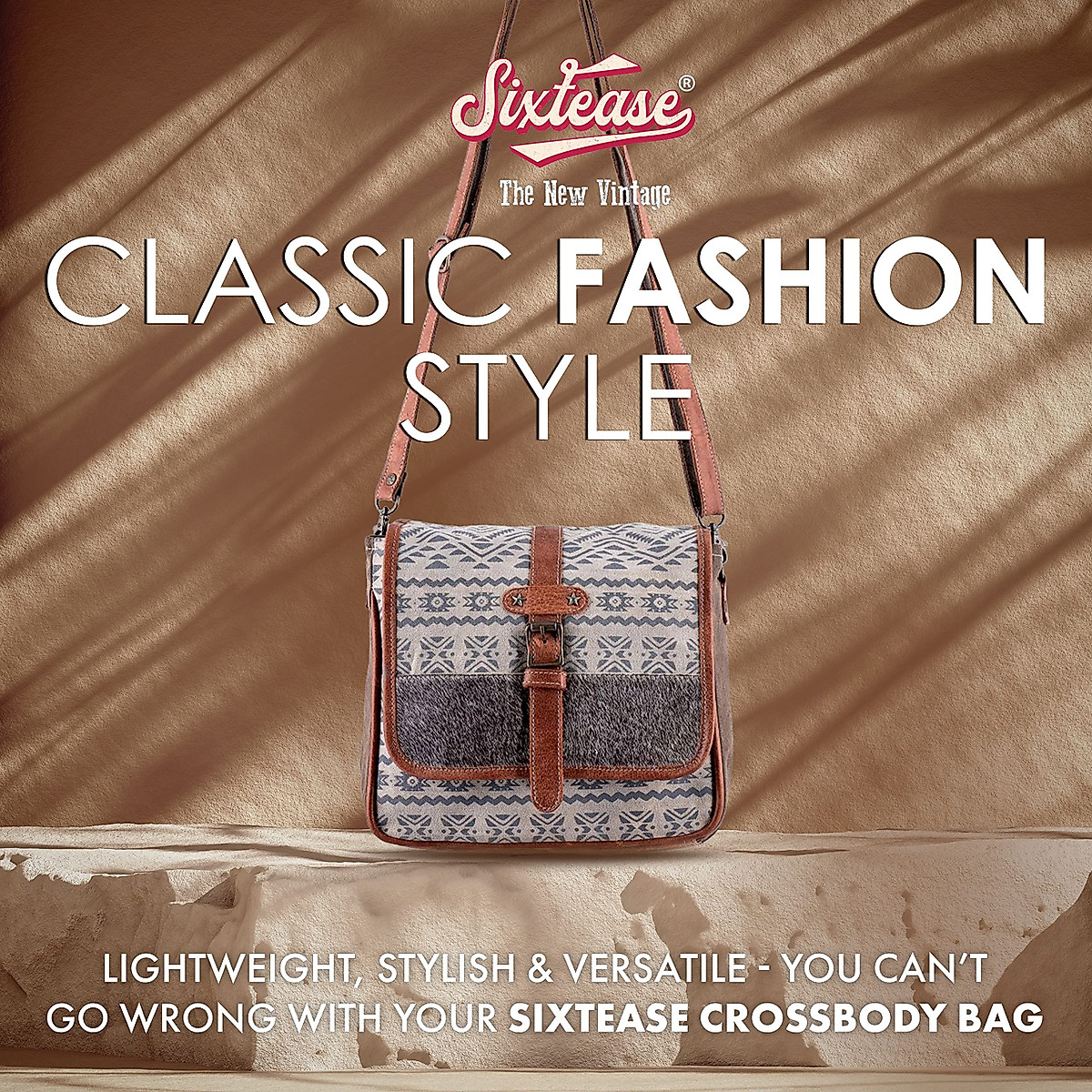 SIXTEASE Crossbody Bag for Women Vintage Style Genuine Leather, Upcycled Canvas, Rug, or Hair On - Cross Body Womens Bags with Inside Zipper Pockets - Resolute