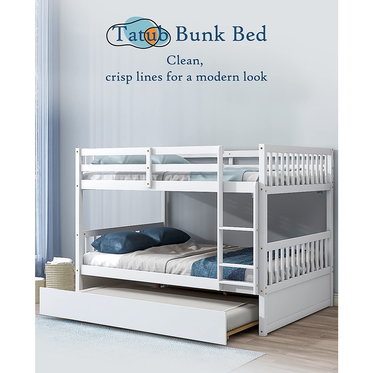 Tatub Full Over Full Bunk Bed with Trundle, Pine Wood Frame, Ladder and Guard Rails, Solid Bunk Bed with Trundle for Kids, Teens, Adults, No Box Spring Needed, Grey