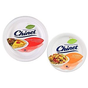 Chinet Classic Bundle - 60 Paper Bowls and 60 Paper Disposable Plates Combo - Classic White 16 Oz Bowls and All Occasion 8 3/4 Inch Classic White Plates