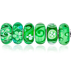 Bling Jewelry Mixed Set Of Bundle .925 Sterling Silver Core Translucent Shades Of Green Floral Murano Glass Swirl Charm Bead Spacer Fits European Bracelet For Women Teen