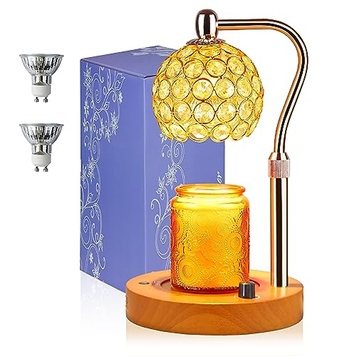 Candle Warmer Lamp with Timer 2H/4H/6H, Height & Heat Adjustable Lamp Candle Warmer, Electric Candle Warmer with Oak Base and 2 * 50W Bulbs, Wax Warmer for Scented Wax(Champagne)