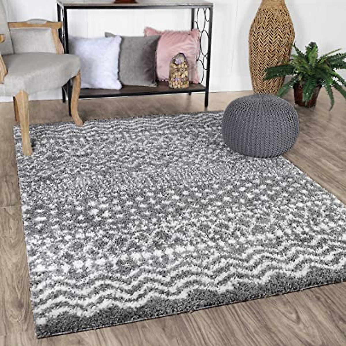 SUPERIOR Indoor Shag Area Rug Perfect for Bedroom, Kitchen, Laundry Room, Entryway, Office, Playroom, Plush Fuzzy Carpet Cover, Contemporary Modern Boho Geometric, 8' x 10', Cream-Black