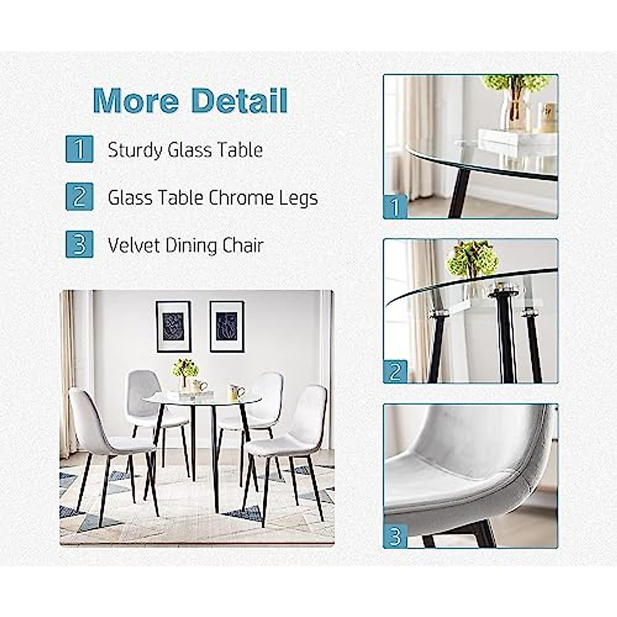 STYLIFING Dining Table Set for 4 Modern 5 Pieces Dining Room Set Mid Century Round Tempered Glass Kitchen Table and 4 Light Grey Modern Velvet Fabric Upholstered Kitchen Chair with Metal Legs