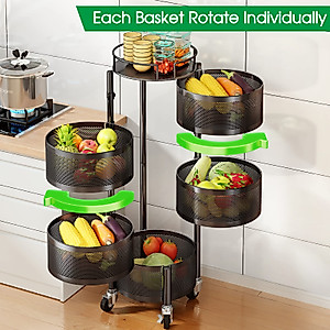 PXRACK Fruit Basket for Kitchen, 5 Tier Circular Rotating Basket Large Storage Rack with Wheels, Fruit and Vegetable Metal Wire Shelf with Top Lid for Living Room, Office, Black