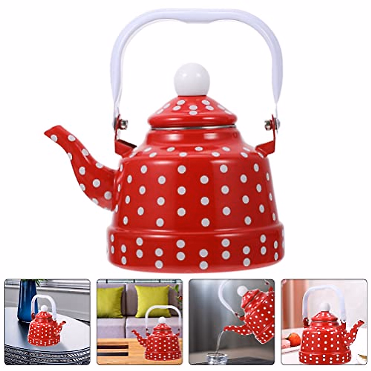CALLARON Grandma Gifts Porcelain Enameled Teakettle Vintage Enamel Tea Kettle Teapot 2.5L Polka Dot Coffee Kettle Water Boiling Kettle with Cool Touch Handle for Stovetop Red Tea Infuser