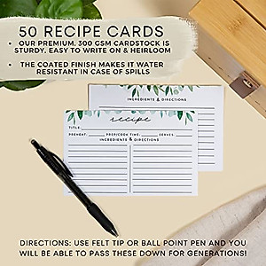 Pera Blanca Recipe Box with Cards and Dividers | Recipe Card Box Faux Leather Handle | 50 Eucalyptus Patterned Recipe Cards and Box Set | Wooden Recipe Box | Housewarming Gifts | Wood Recipe Box 4x6