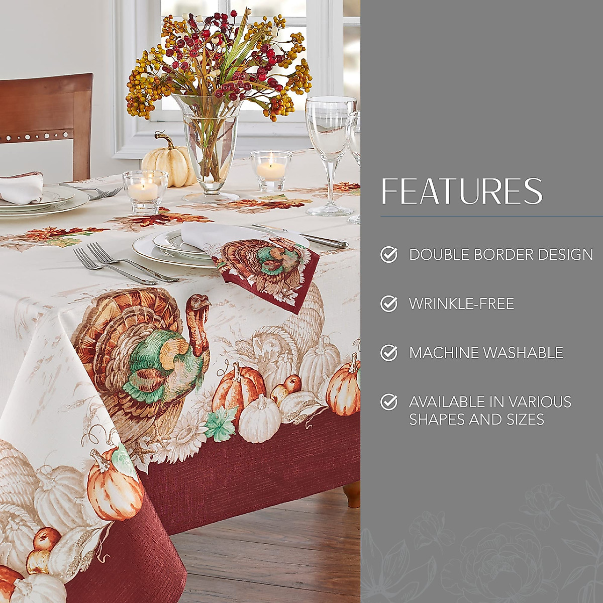 Elrene Home Fashions Holiday Turkey Bordered Fall Wrinkle Resistant Tablecloth, Seasonal Dining-Table Cover, 60" x 144" Rectangle