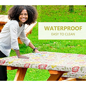 LINPRO 6ft Fitted Picnic Table Cover with Bench Covers. Vinyl Outdoor Camping Picnic Tablecloth, 3 Piece Set Camping Gear. Waterproof, Stain Resistant, Reusable. Flannel Backing with Elastic Edges.72