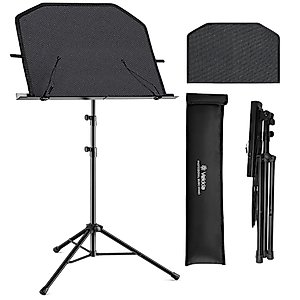 Vekkia Metal Folding Sheet Music Stand - Portable Lightweight music stand for sheet music with carrying bag&deluxe fabric tray sleeve,adjustable music holder,Black