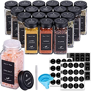 CUCUMI 18pcs Spice Jars with Labels, 4oz Empty Square Spice Bottles with Shaker Lids, Black Airtight Metal Caps, Collapsible Funnel, Chalk Pen, Seasoning Containers for Spice Rack, Drawer, Cabinet