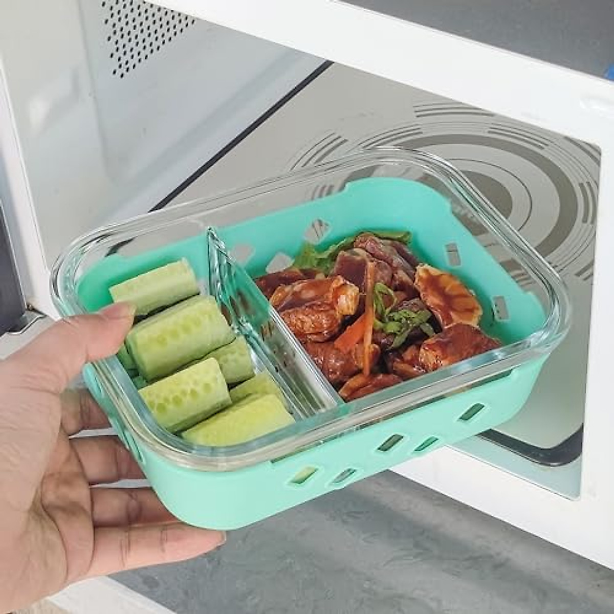 CYUFU 5 Packs 30oz Glass Meal Prep Containers, Glass Food Storage Containers with Lids, Airtight Glass Bento Boxes, Oven, Freezer and Dishwasher Safe (2 Compartments with silicone sleeves)