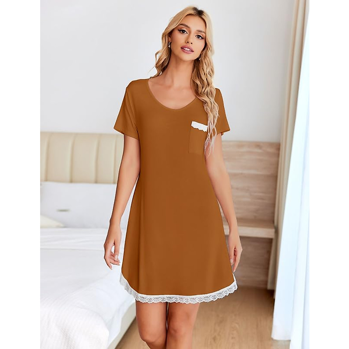 Ekouaer Women's Nightgown Sleepwear Soft Sleepshirt Short Sleeve Nightshirt Sexy Pajama Dress Brown XL