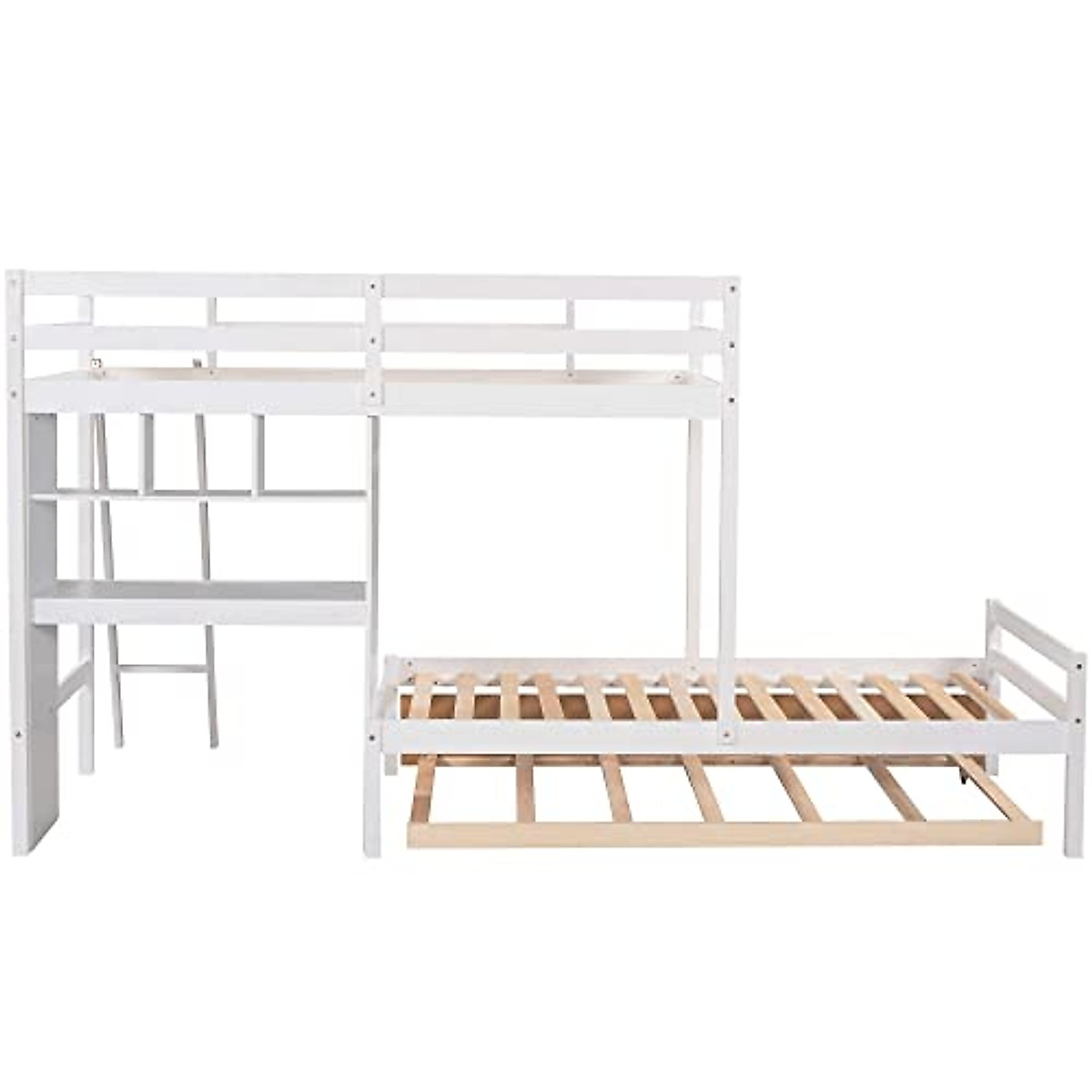 MOEO Twin Over Twin Bunk Bed with Trundle and Ladder for Kids, Adults, Wooden Bunkbed Frame w/Convertible Built-in Desk & Down Bed, Save Space, No Box Spring Required, White