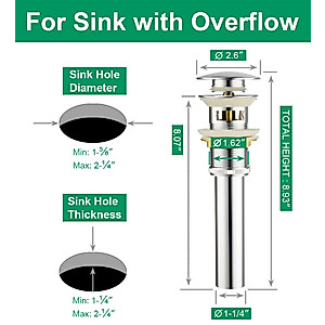 Purelux Bathroom Faucet Vessel or Vanity Sink Spring Pop Up Drain Stopper with Overflow, Brushed Nickel Finish