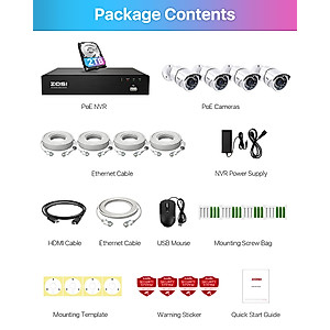 ZOSI 8CH 4K PoE Home Security Camera System, 8 Ports 16CH 8MP NVR with 2TB HDD, 4pcs 5MP Outdoor PoE IP Cameras, 120ft Night Vision, Motion Detection, Remote Access, for 24/7 Recording