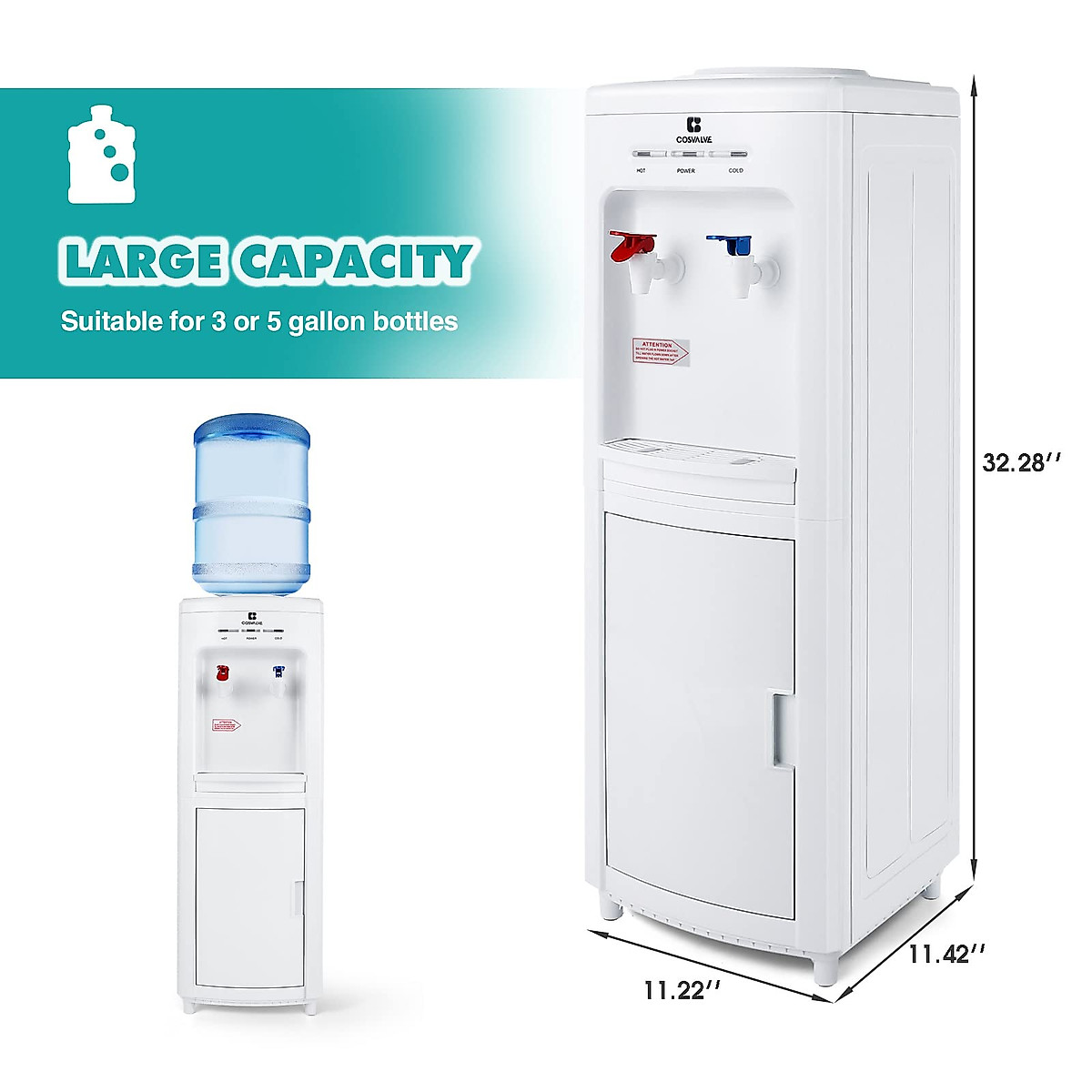 COSVALVE 5 Gallon Top Loading Water Dispenser, Electric Hot/Cold Water Cooler Dispenser with Child Lock and Storage Cabinet for Home Office Use