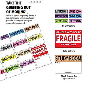 Labelinn Moving Labels for Boxes 640 Pcs - 2 x 3 inches Non-Removable Moving Stickers for Boxes Color Coded 64 Sheets with 10 Labels Each – 16 Designs Including Fragile & Customizable Blanks