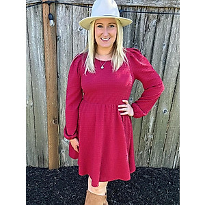 SAMPEEL Winter Womens Burgundy Dress Elegant Puff Sleeve Casual Christmas Dresses Knee Length M