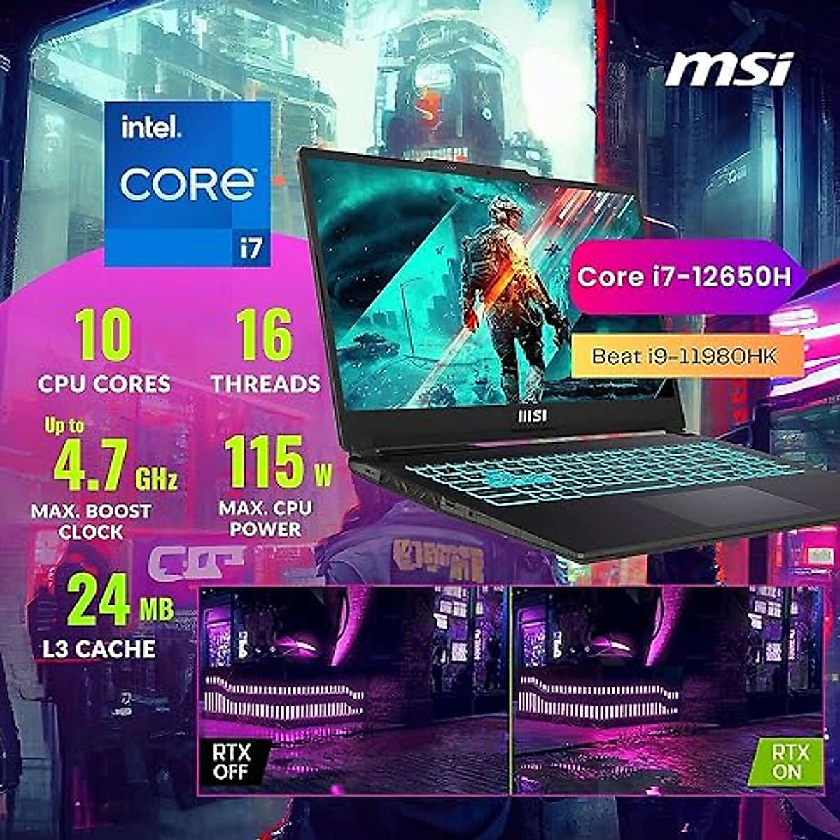 MSI Cyborg 15 Gaming Laptop, 15.6" FHD 144Hz Display, Intel Core i7-12650H, NVIDIA GeForce RTX 4060, 32GB DDR5 RAM, 2TB SSD, Webcam, Backlit Keyboard, Wi-Fi 6, Windows 11 Home, Translucent Black