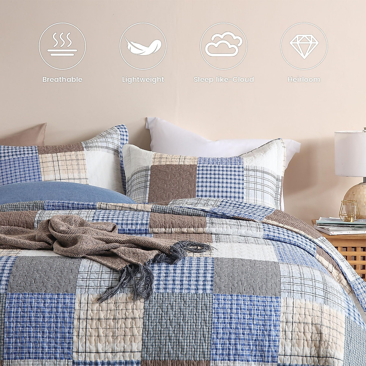 Secgo Queen Comforter Set for Bed - 100% Cotton Quilts Queen Size, Bule, Plaid Bedspreads (90 * 98 Inch) with 2 Pillow Shams, Patchwork Reversible Lightweight Bedding