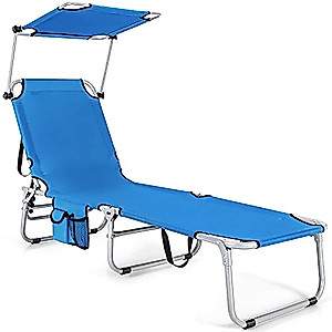 Goplus Tanning Chair, Foldable Beach Lounge Chair with 360°Canopy Sun Shade, Side Pocket, 5-Position Adjustable, Outdoor Beach Chaise Recliner for Patio Pool Yard Lawn (1, Blue)
